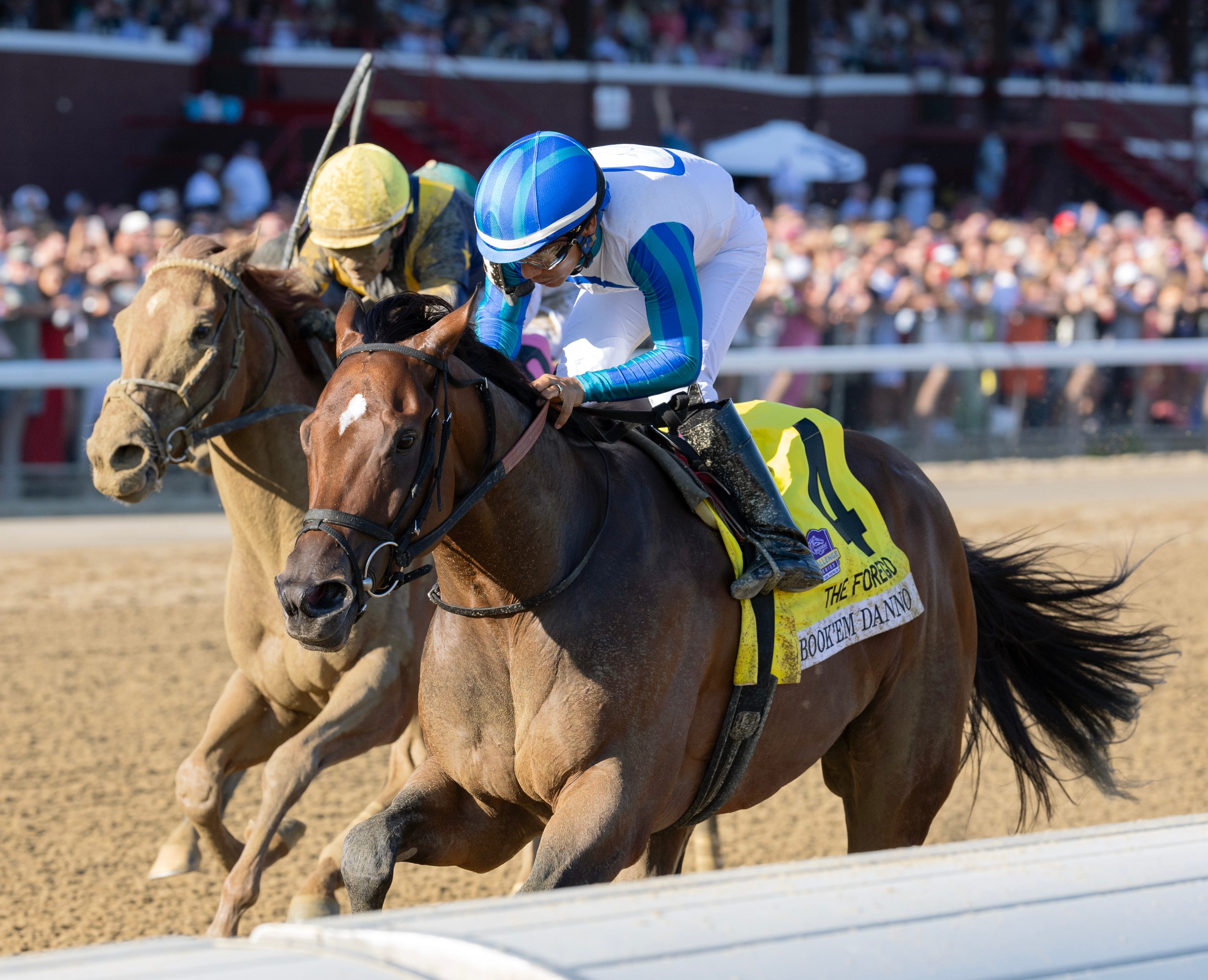 Book'em Danno at top of hill after holding off Scotland in Forego Stakes